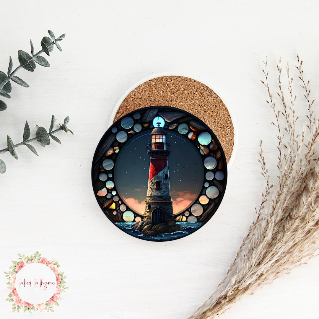 Faux Stained Glass Lighthouse Ceramic Coaster, Sea Lover Coaster ...