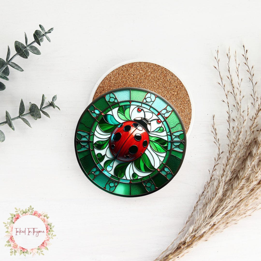 Faux Stained Glass Ladybug Ceramic Coaster, Nature Lover Coaster ...