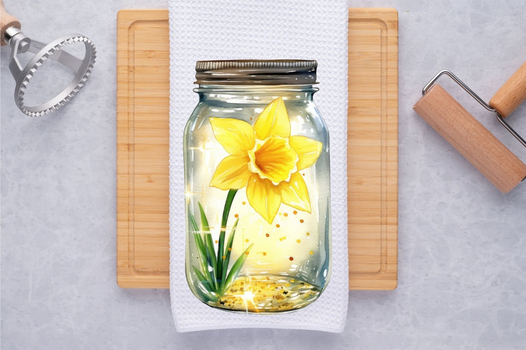 Personalized Daffodil Jar Tea Dish Hand Kitchen Towel, Custom Kitchen ...
