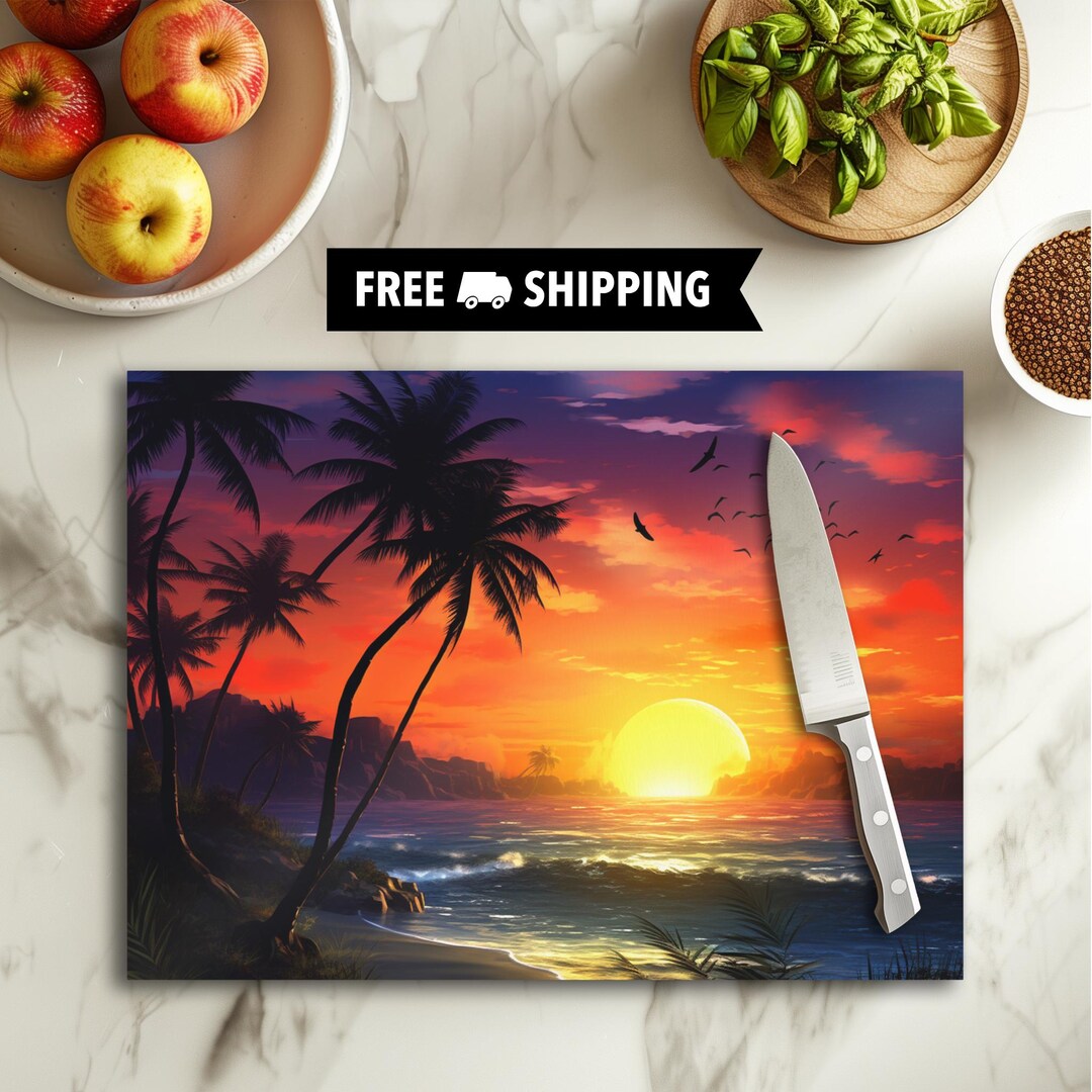 Beach Sunset Tempered Glass Cutting Board, Charcuterie Board, Serving ...
