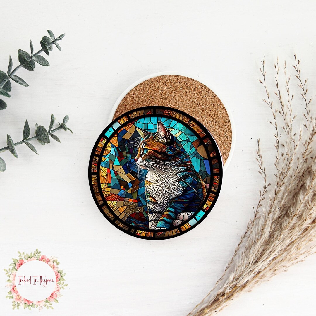 Faux Stained Glass Cat Ceramic Coaster, Animal Lover Coaster, Coffee ...