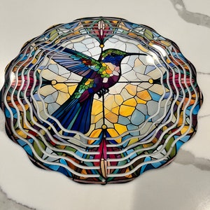 Stained Glass Hummingbird Wind Spinner 10 Inch Double Sided Metal Wind ...