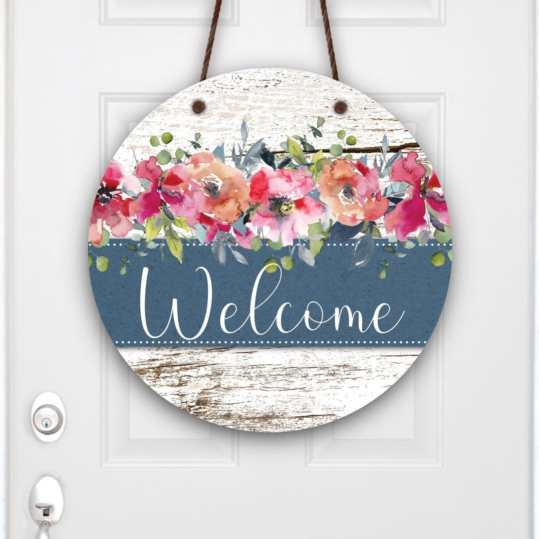 Welcome Front Door Sign, Round Blue Floral Door Hanger, New Home ...