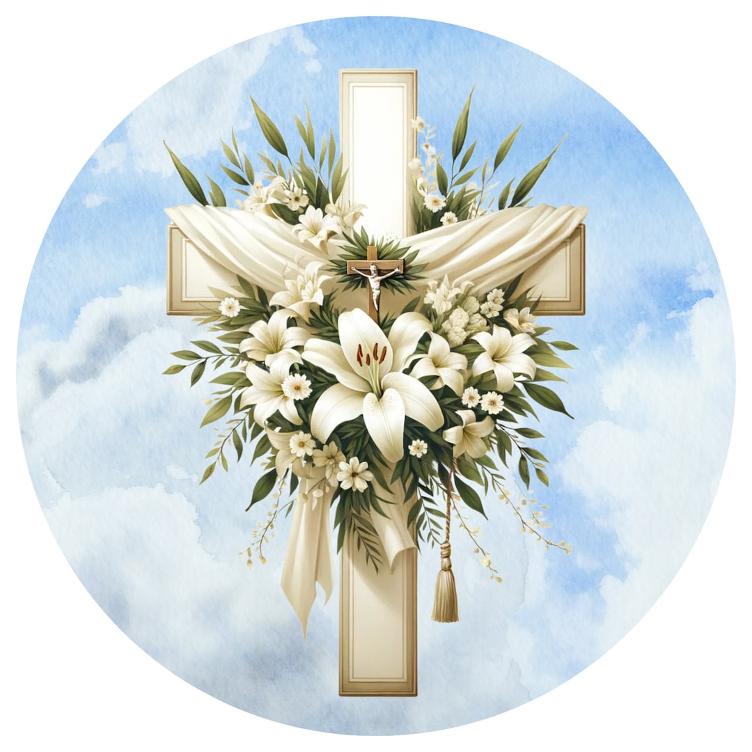White Cross With Lillies Wreath Sign, Round Wreath Sign, Sign for ...