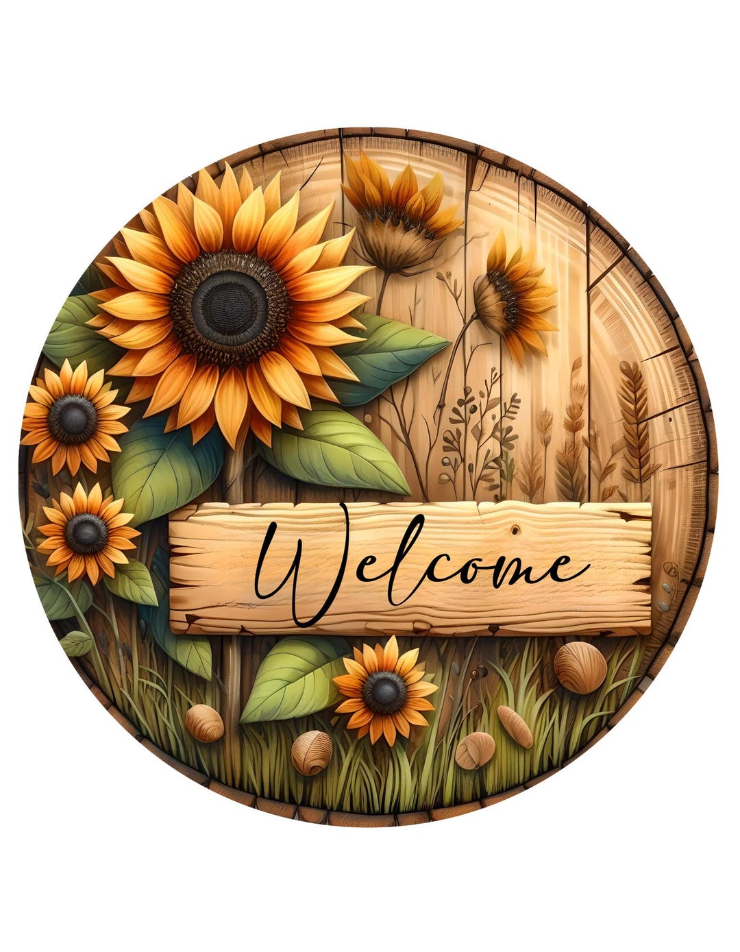Welcome Sunflowers Wreath Sign, Round Wreath Sign, Sign for Wreath ...