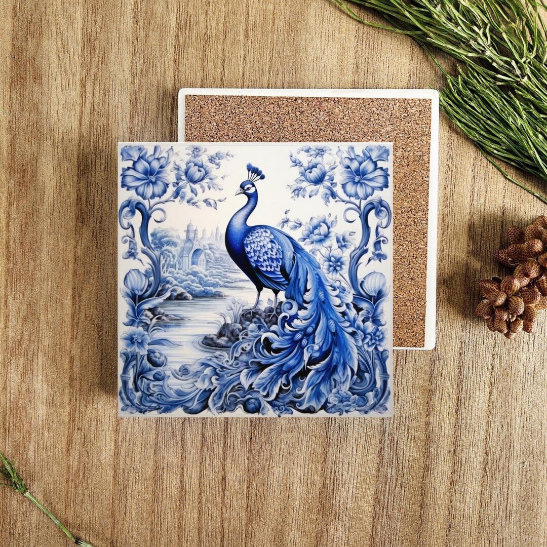 Chinoiserie Peacock Square Ceramic Coaster, Nature Lover Coaster ...