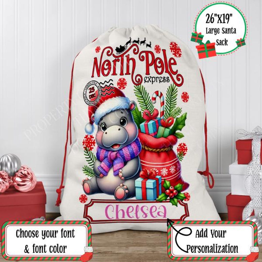 Personalized Kids Hippo Santa Sack, Present Bag, Christmas Gift Sack ...