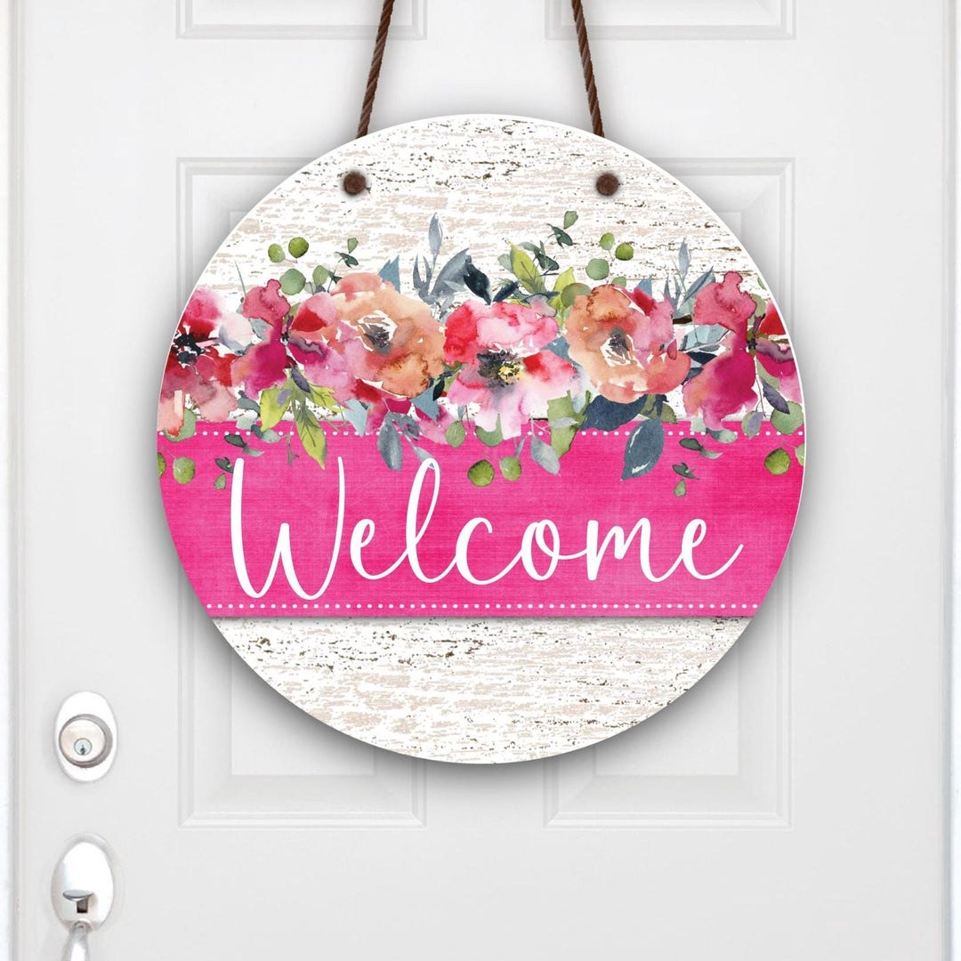 Welcome Front Door Sign, Round Dark Pink Floral Door Hanger, New Home ...