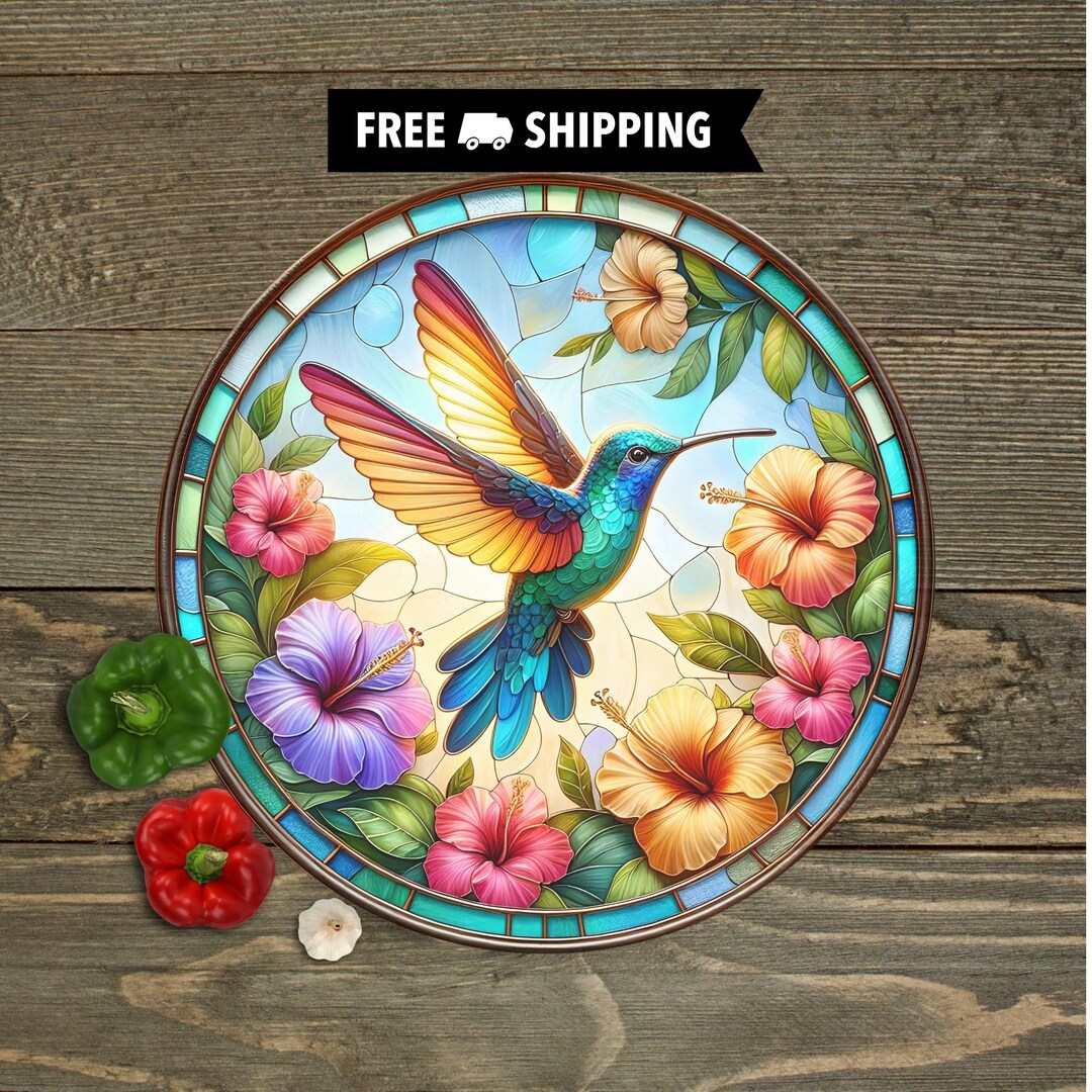 Faux Stained Glass Hummingbird Round Tempered Glass Cutting Board ...