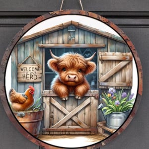 Welcome to Our Herd Highland Cow Front Door Sign, Round Door Hanger ...