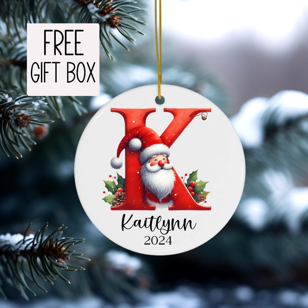 Personalized Santa Red Initial Ornament, Watercolor Name Gift Ornament ...
