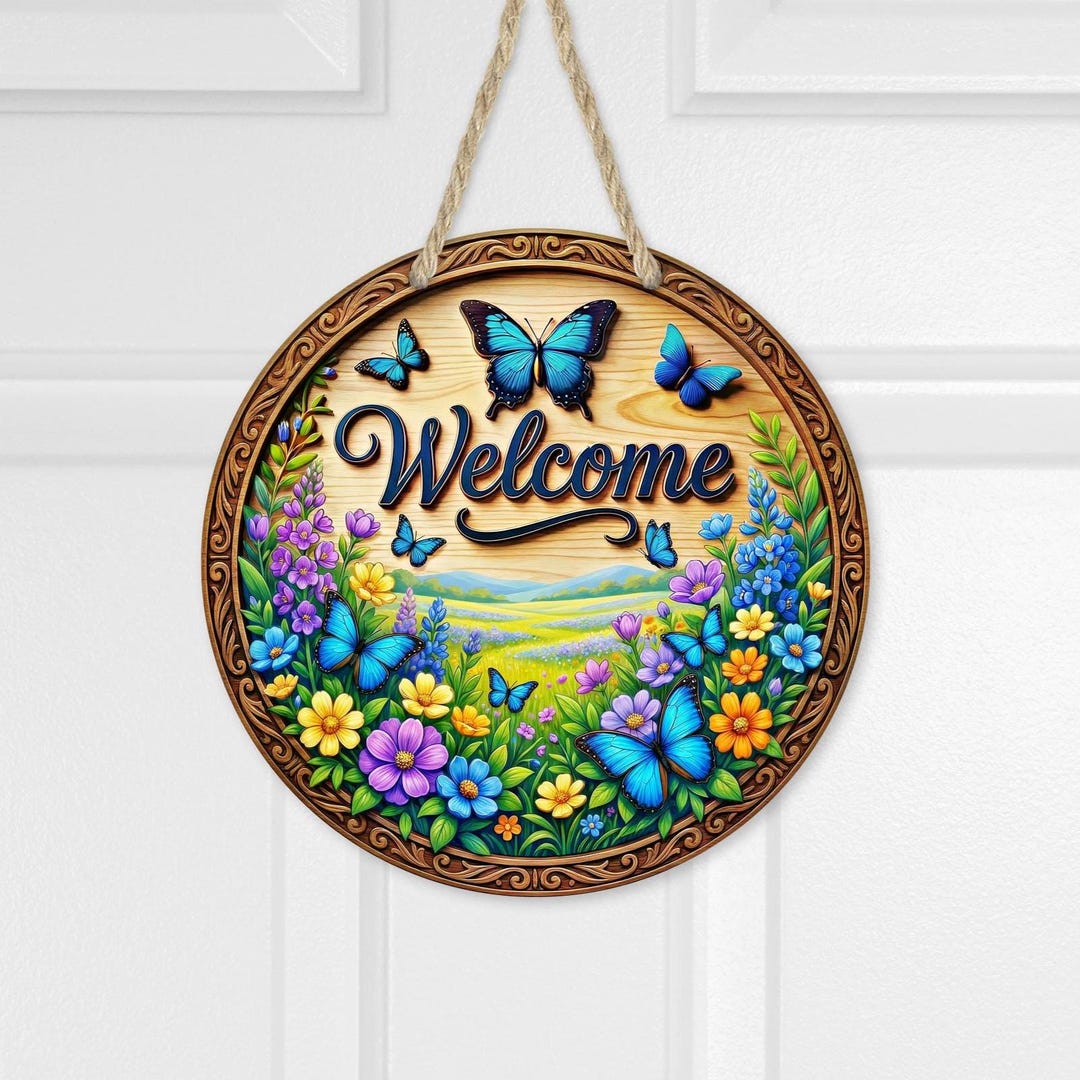 Welcome Butterfly Front Door Sign, Round Faux Wood Door Hanger, New ...