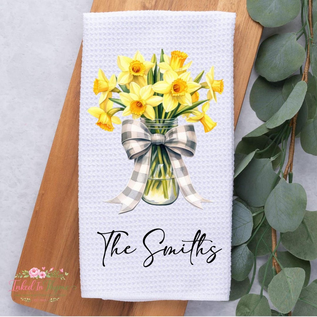 Personalized Daffodil Bouquet Tea Dish Hand Kitchen Towel, Custom ...