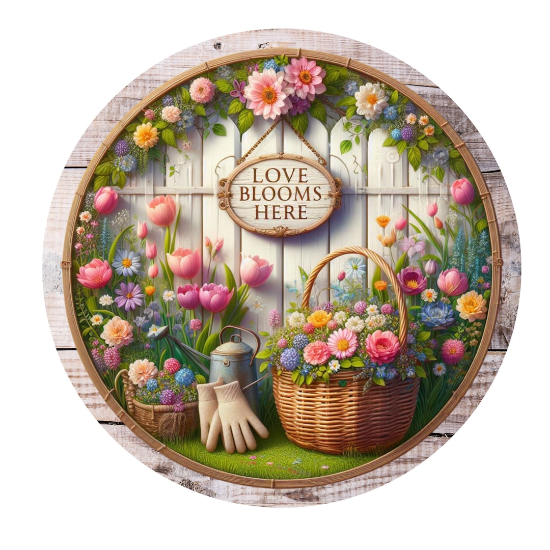Wreath Sign, Love Blooms Here Floral Wreath Sign, Round Wreath Sign ...