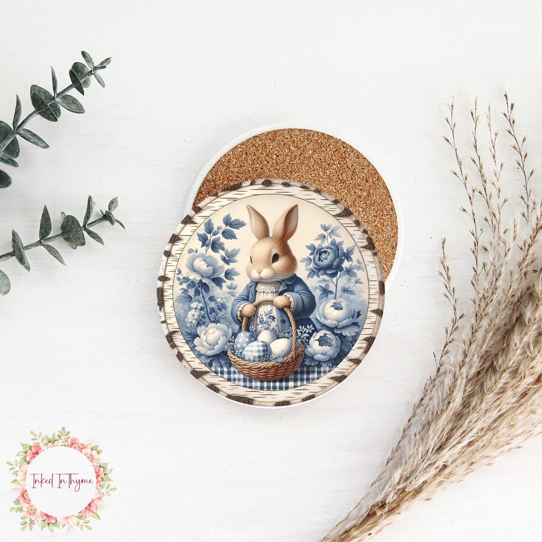 Blue Chinoiserie Bunny Ceramic Coaster, Nature Lover Coaster, Coffee ...