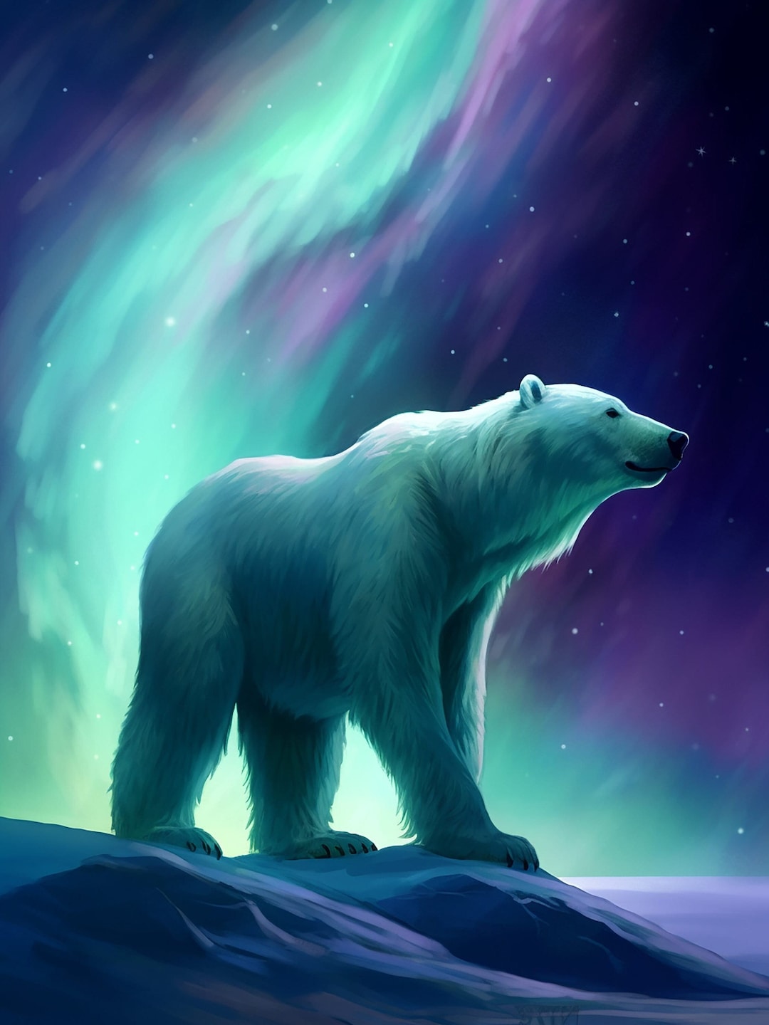 Polar Bear Digital Art Northern Lights Livingroom Picture Winter Night ...