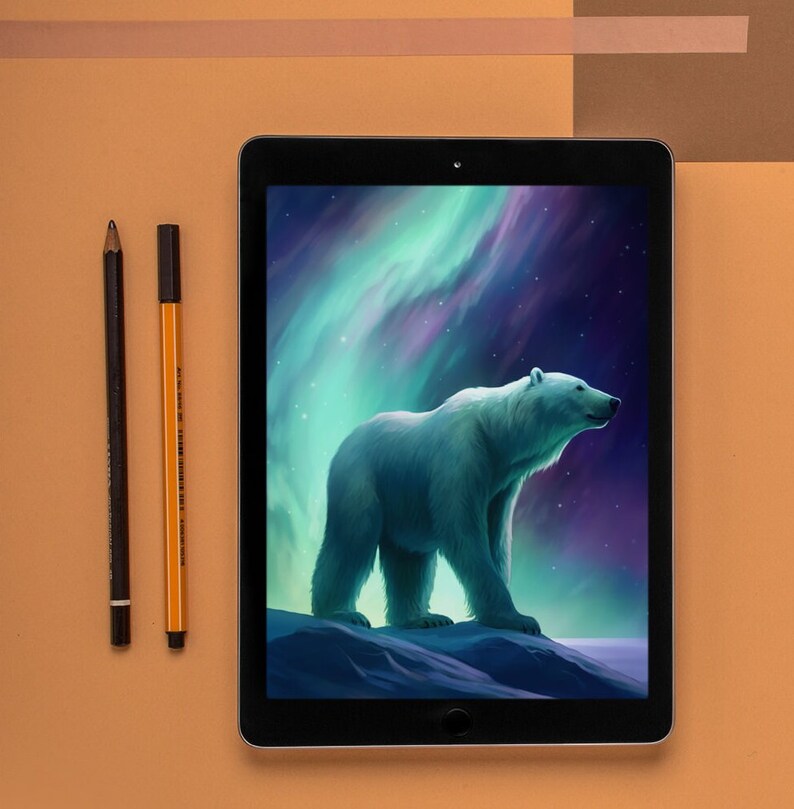 Polar Bear Art Northern Lights Livingroom Art Bedroom Night Sky Art ...