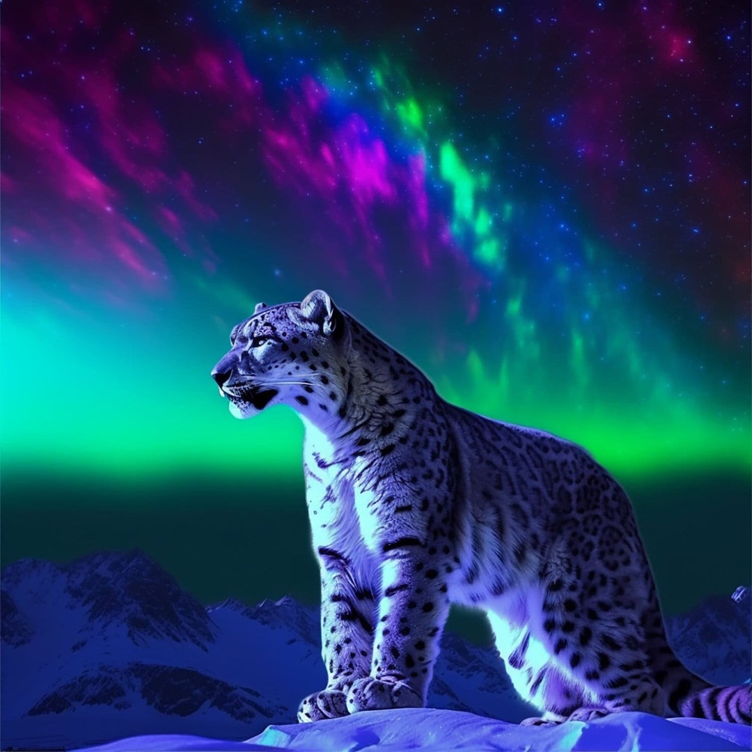 Snow Leopard Northern Lights Livingroom Wall Art Digital Download Vivid ...