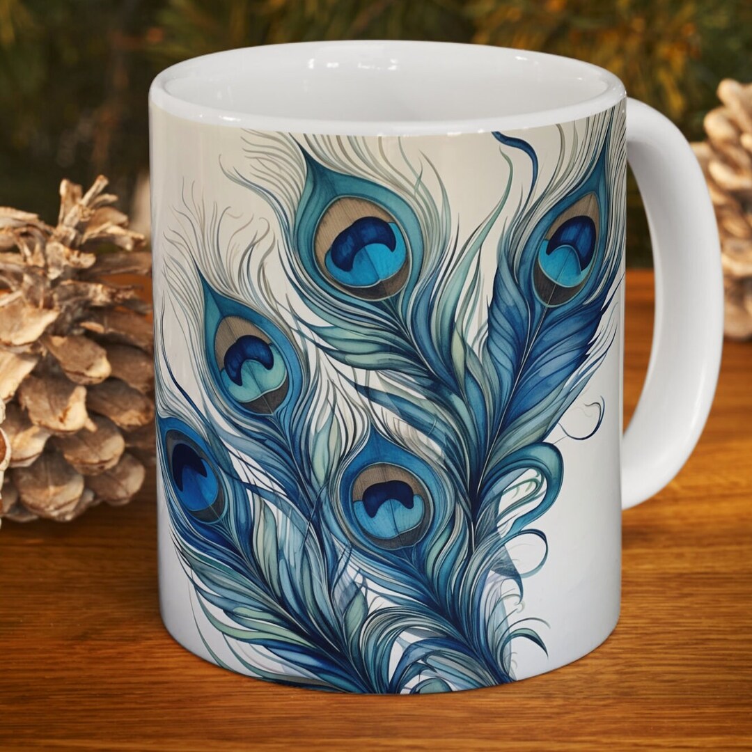Peacock Feather Mug Natural Peacock Eye Mug Feather Bird Lover Peacock Feather Cup for Her ...