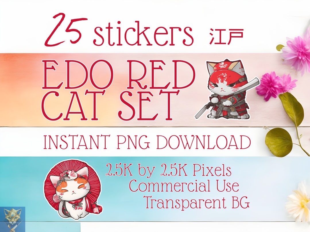 Edo Red Cat Set 25 Digital Stickers PNG Pre-cropped PNG Stickers for ...