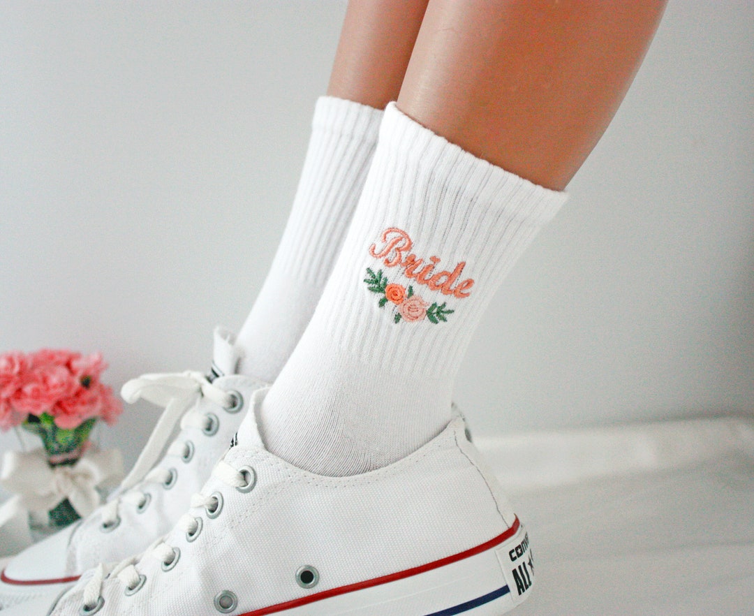 Floral Bride Socks, Custom Bridesmaid Socks, Peach Embroidery Crew ...
