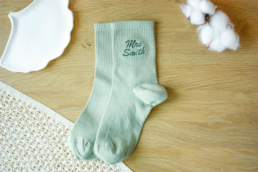 Bride Socks Custom Embroidered Sage Green Mrs Mr Wedding Socks Romantic ...