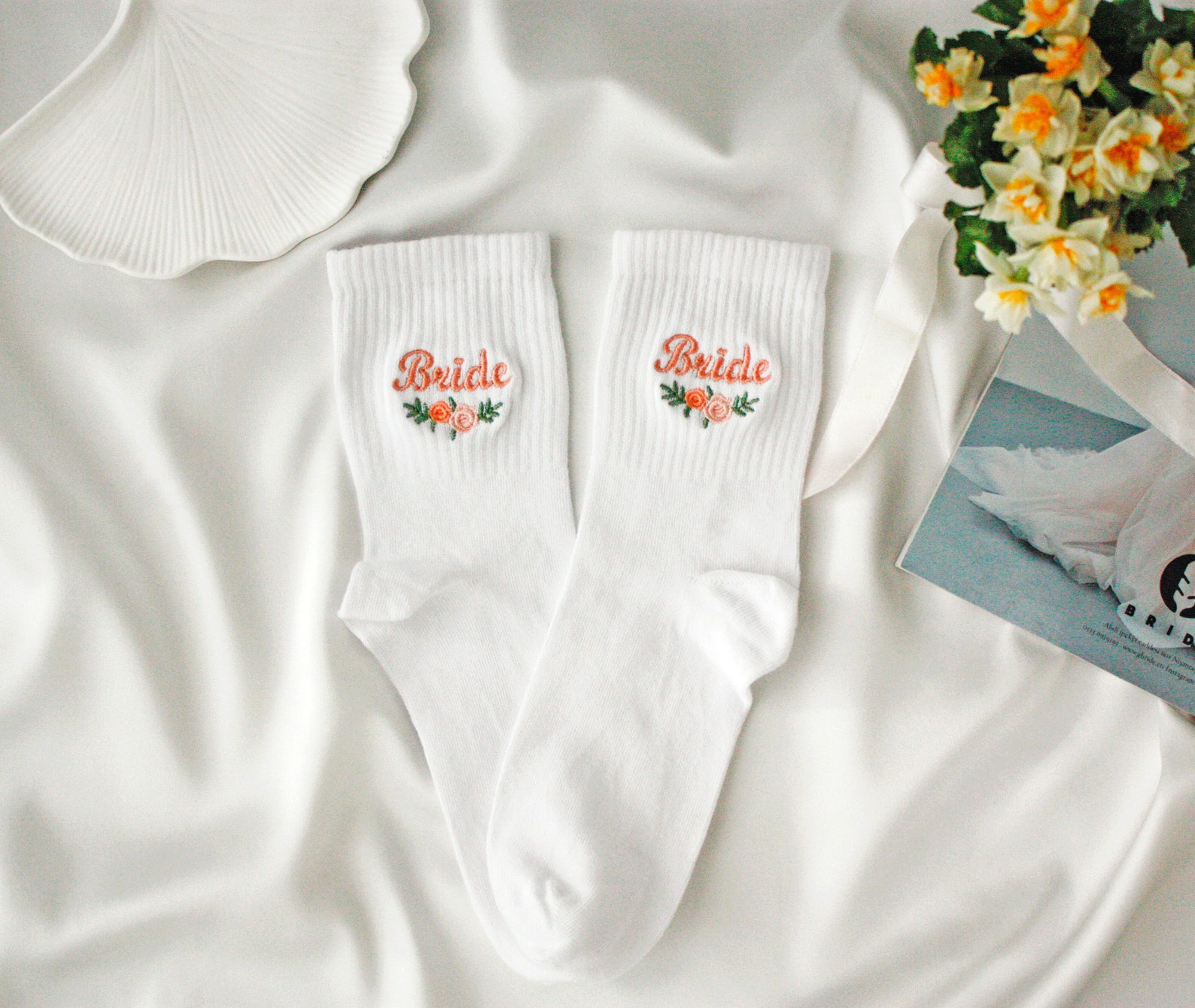 Custom Wedding Socks, Peach Embroidery Crew Socks, Personalised Bride ...