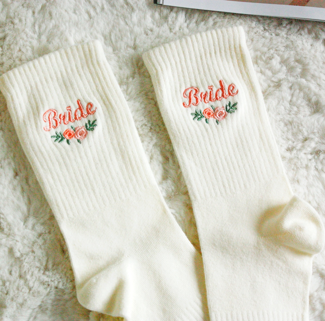 Custom Wedding Socks, Peach Embroidery Crew Socks, Personalised Bride ...