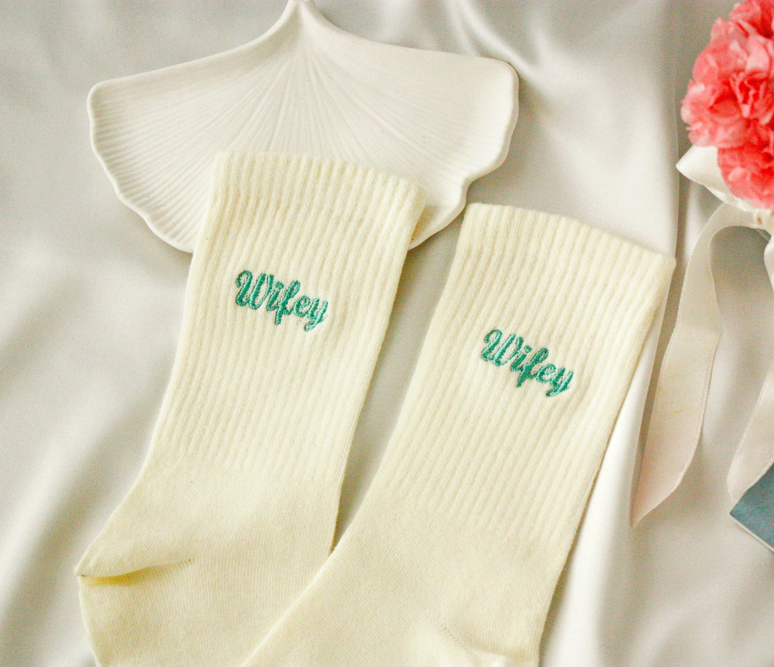 Sage Green Custom Wifey Socks, Embroidered Ivory Bride Socks ...