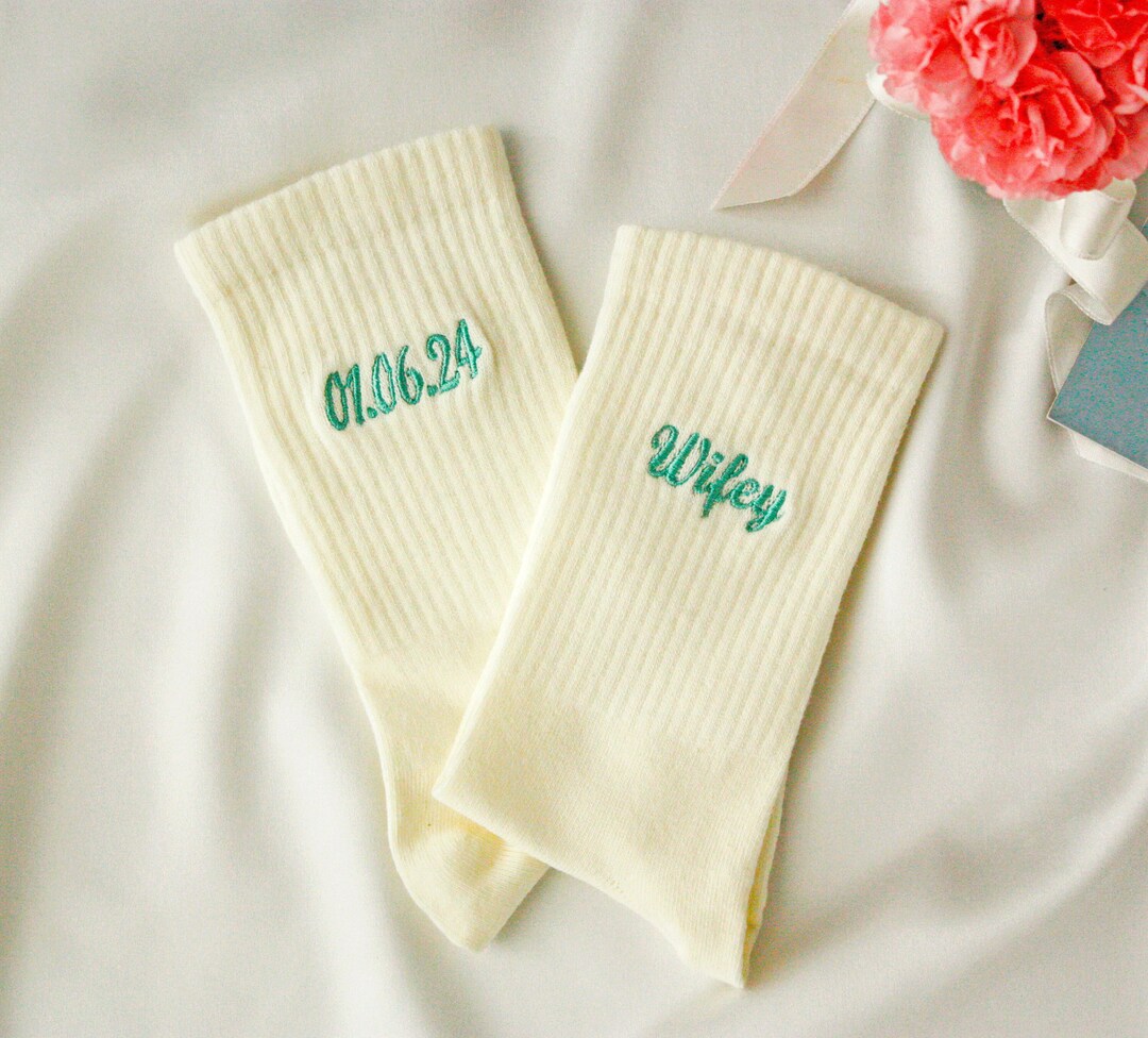 Sage Green Custom Wifey Socks, Embroidered Ivory Bride Socks ...