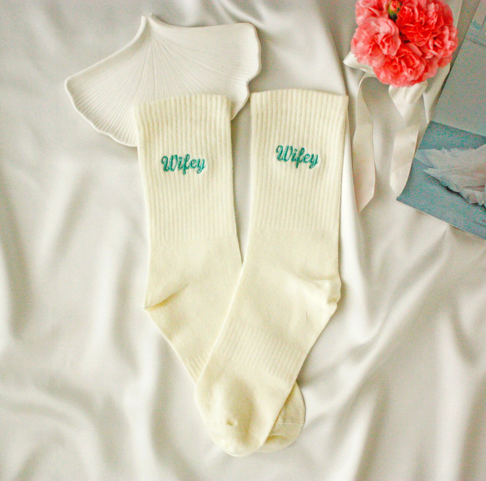 Sage Green Custom Wifey Socks, Embroidered Ivory Bride Socks ...