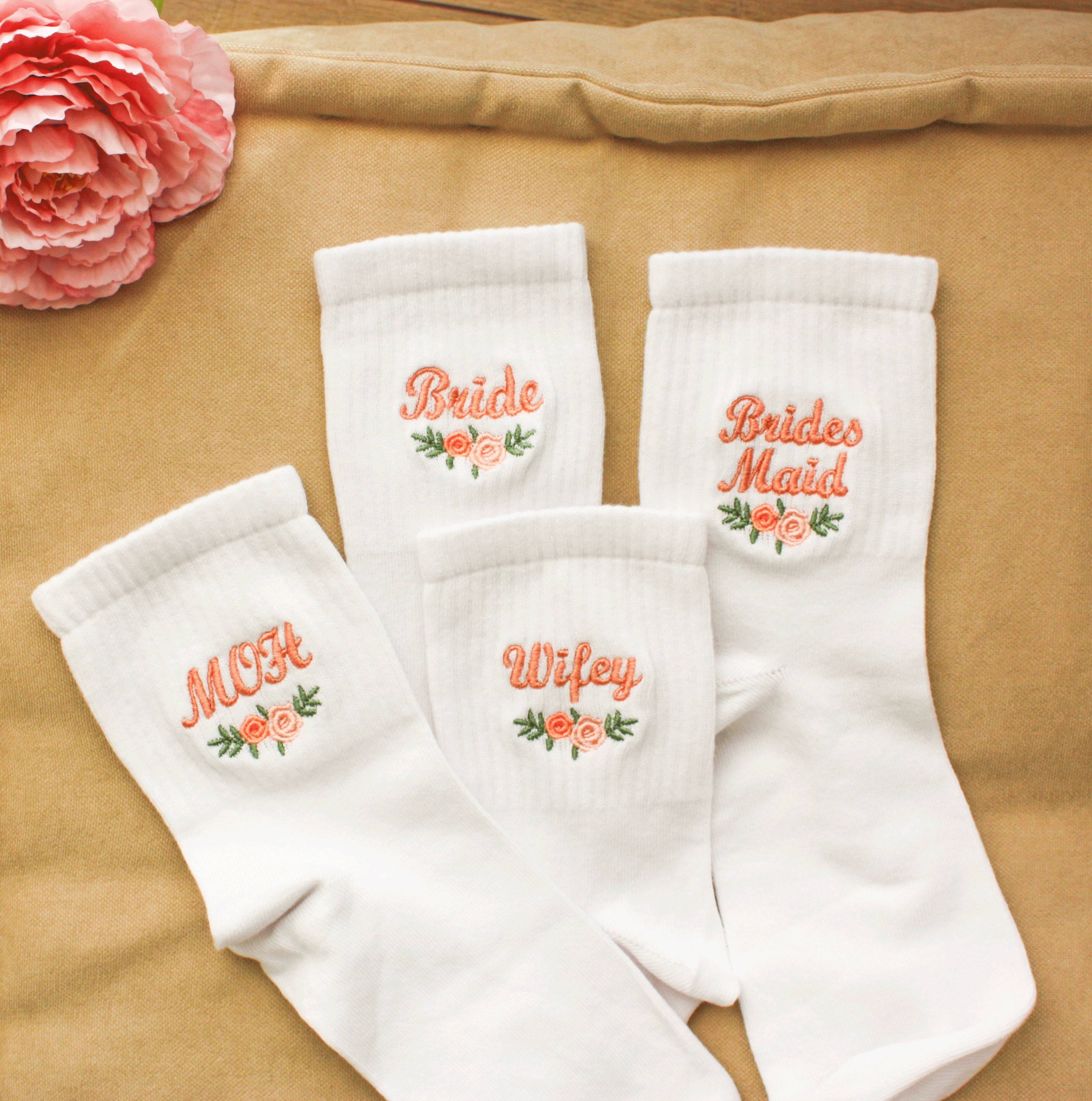 Custom Wedding Socks, Peach Embroidery Crew Socks, Personalised Bride ...