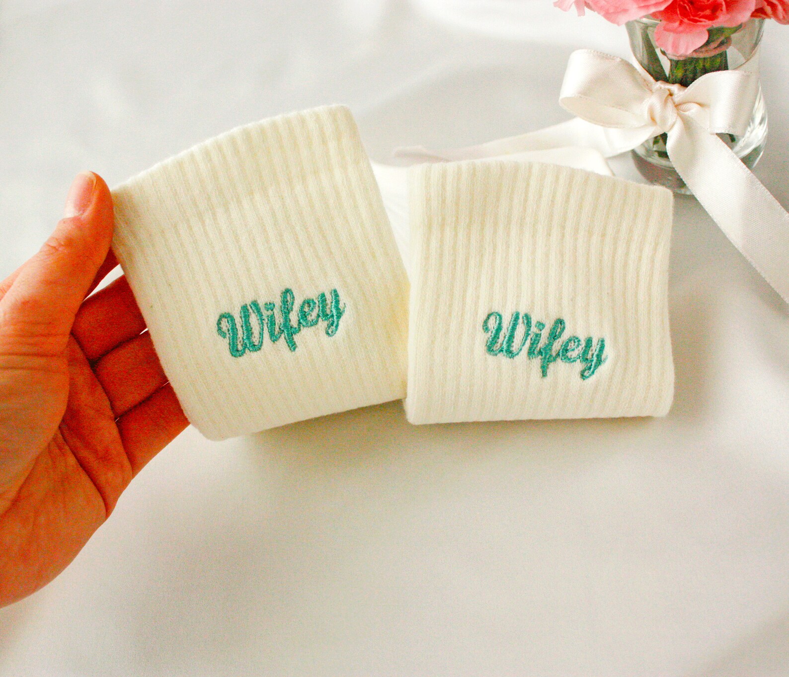 Sage Green Custom Wifey Socks, Embroidered Ivory Bride Socks ...