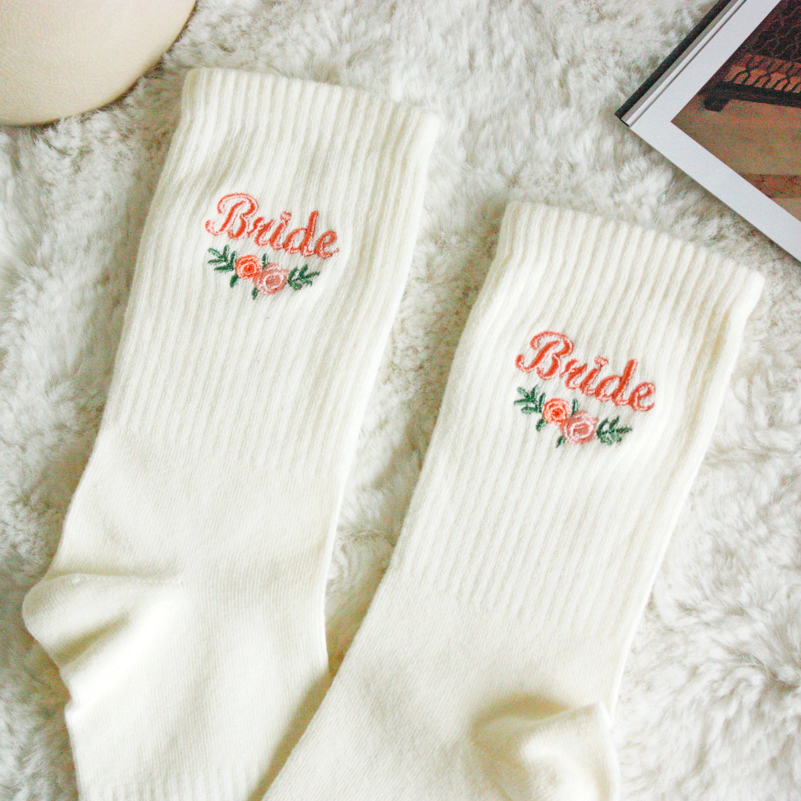 Custom Wedding Socks, Peach Embroidery Crew Socks, Personalised Bride ...