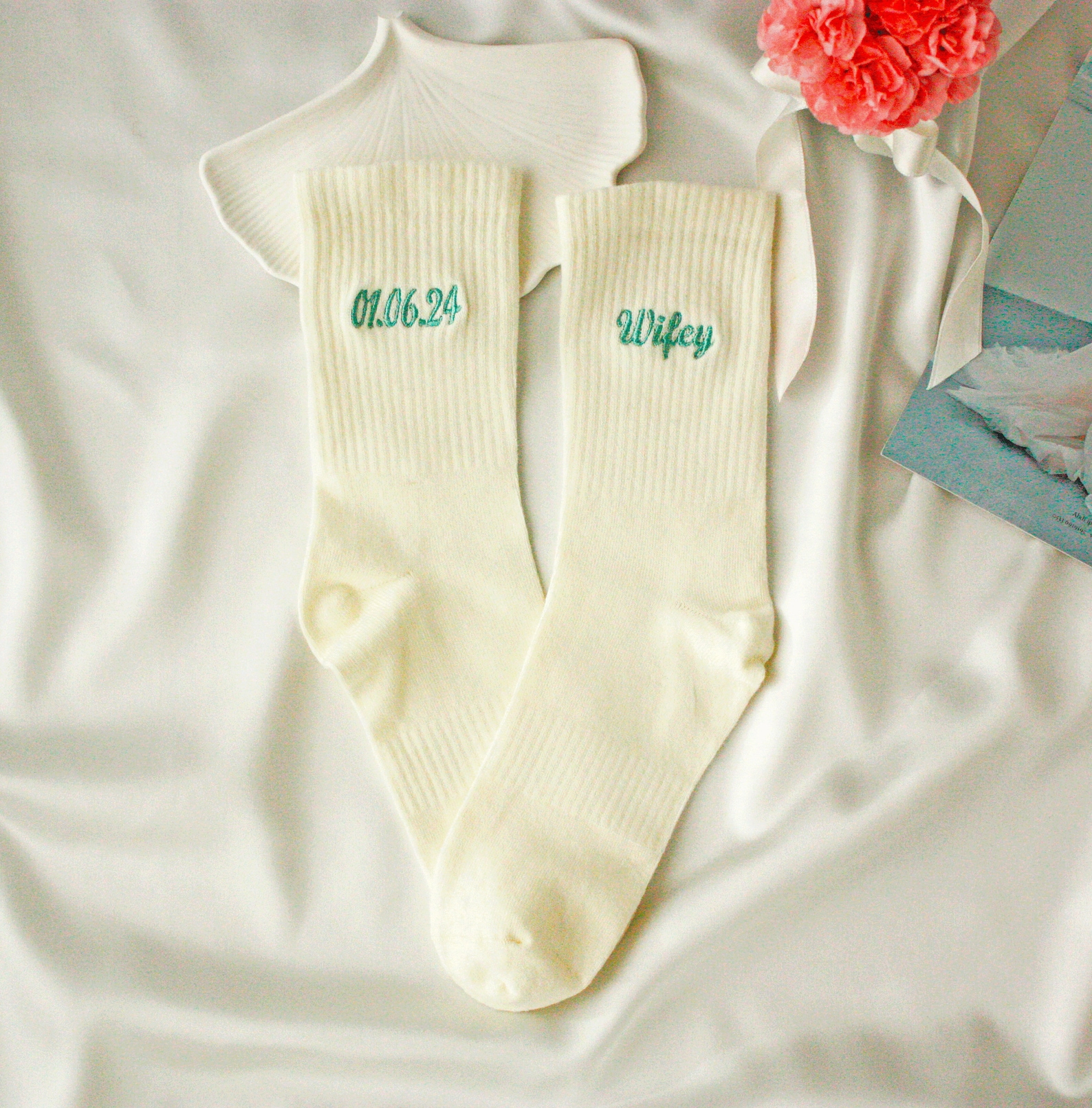 Sage Green Custom Wifey Socks, Embroidered Ivory Bride Socks ...