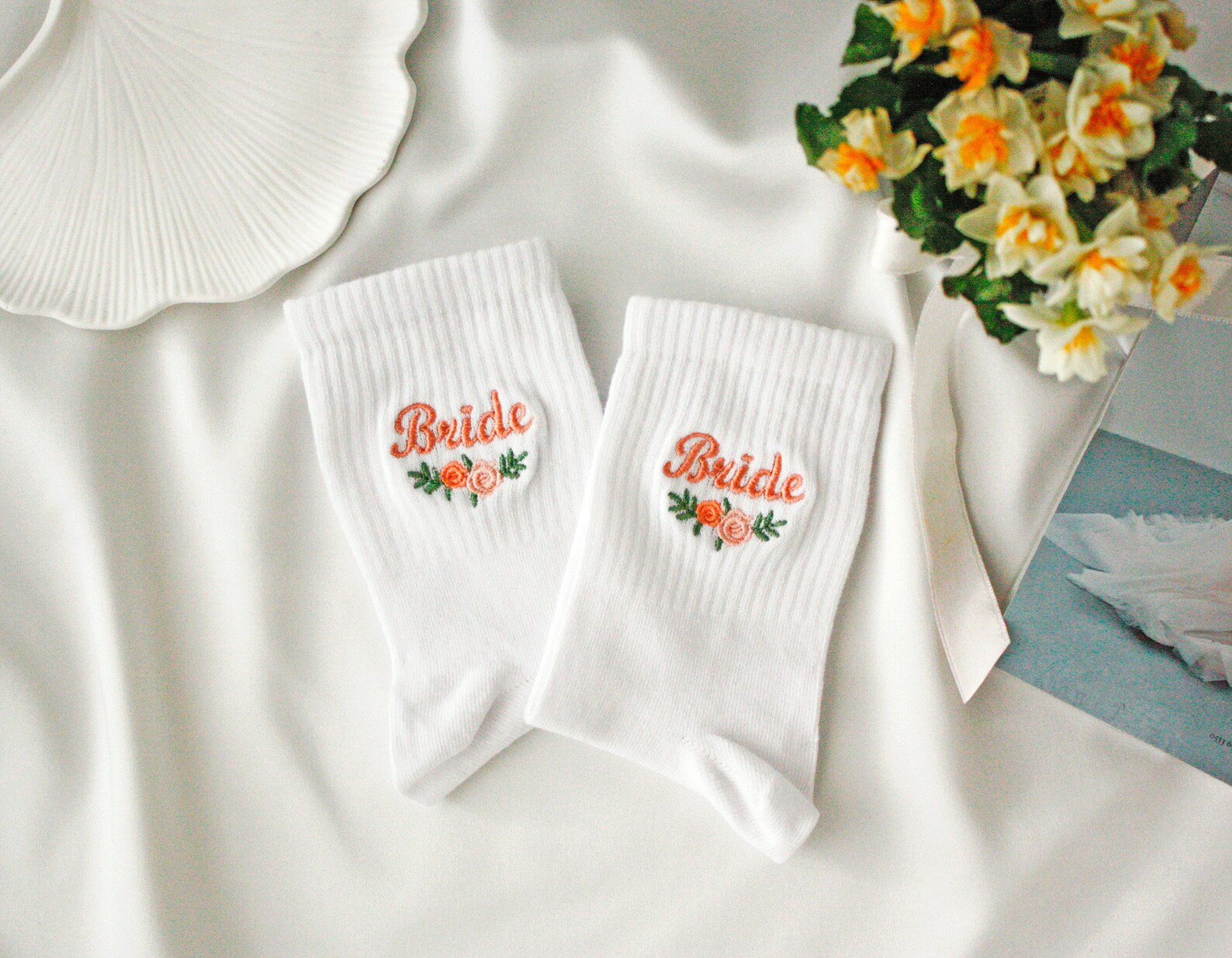Custom Wedding Socks, Peach Embroidery Crew Socks, Personalised Bride ...