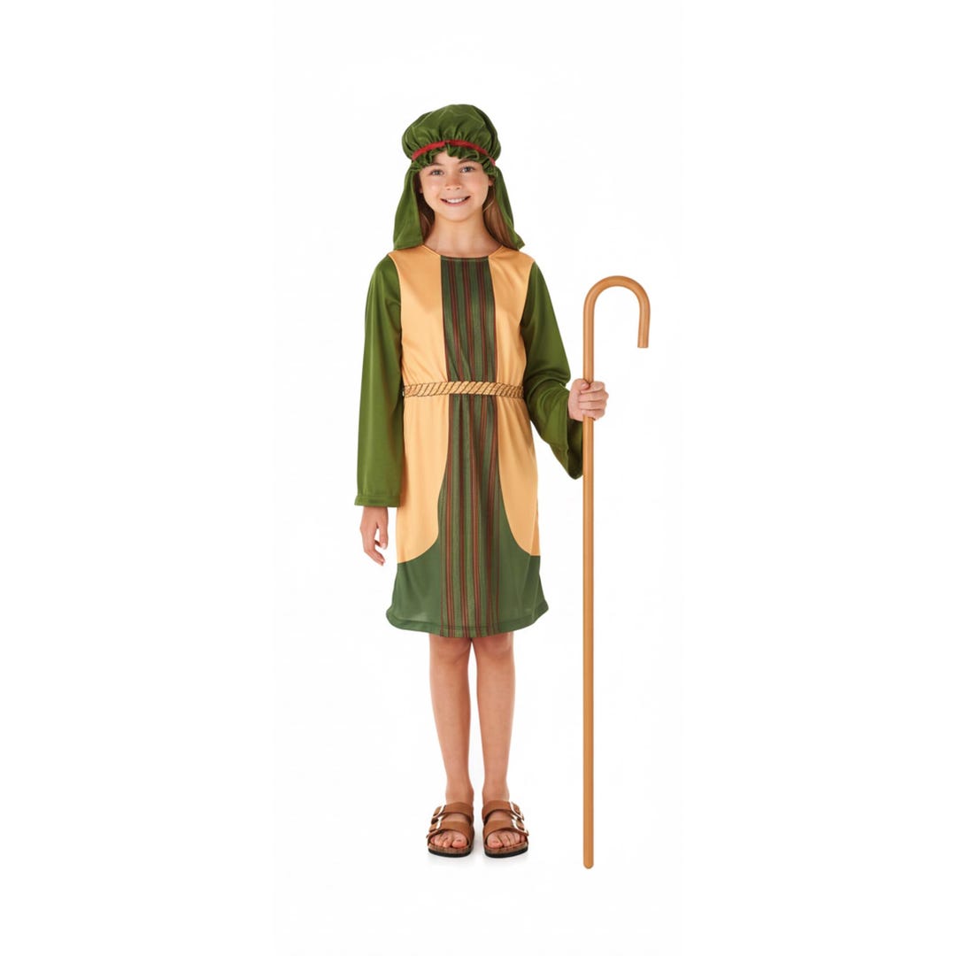 Girls Green Shepherd Costume Nativity Play Christmas Kid Fancy Dress ...