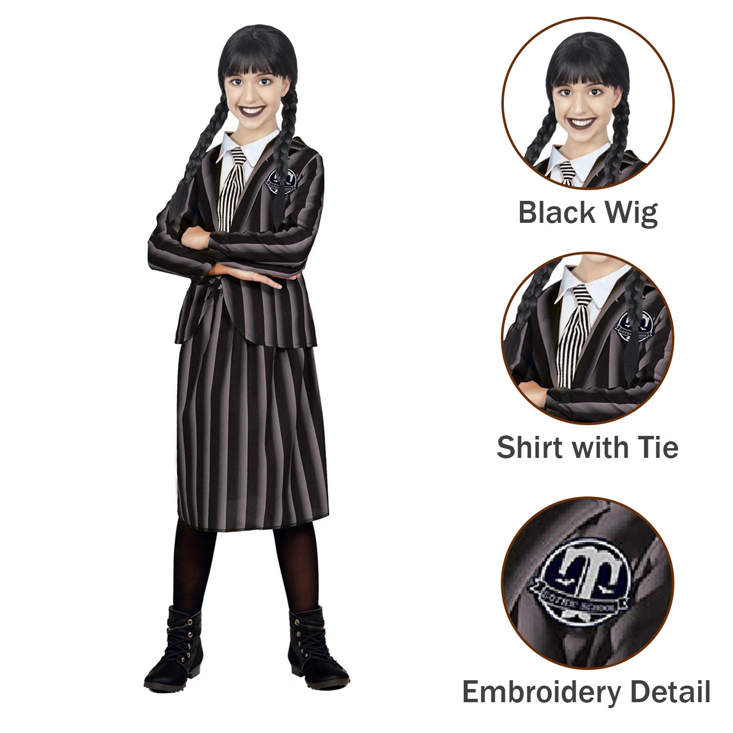 Girls Wednesday Uniform Costume + Wig Gothic Schoolgirl Kids World Book ...