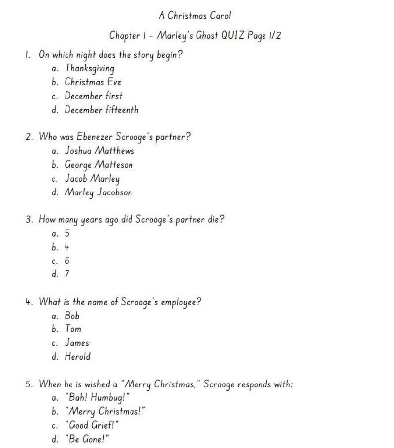 A Christmas Carol Printable Chapter Quizzes - Etsy