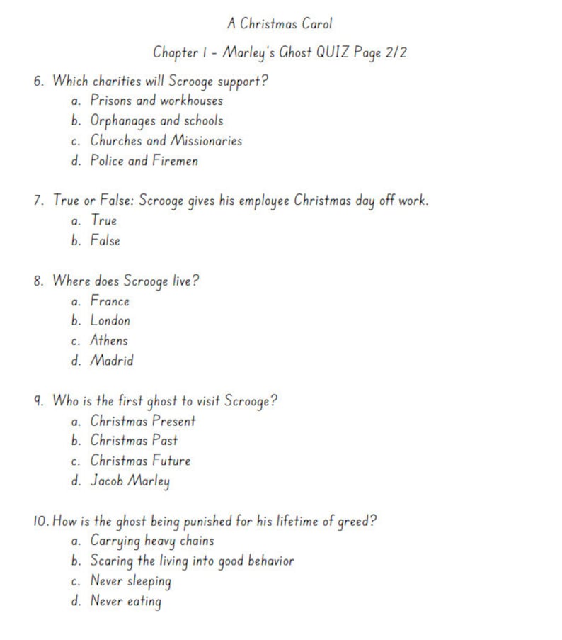 A Christmas Carol Printable Chapter Quizzes - Etsy
