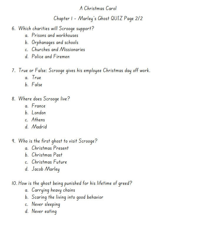 A Christmas Carol Printable Chapter Quizzes - Etsy