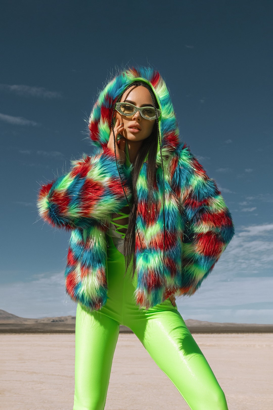 Multicolor Neon Faux Fur Hooded Festival Jacket - Burning Man Outfit ...