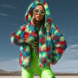 Multicolor Neon Faux Fur Hooded Festival Jacket - Burning Man Outfit ...