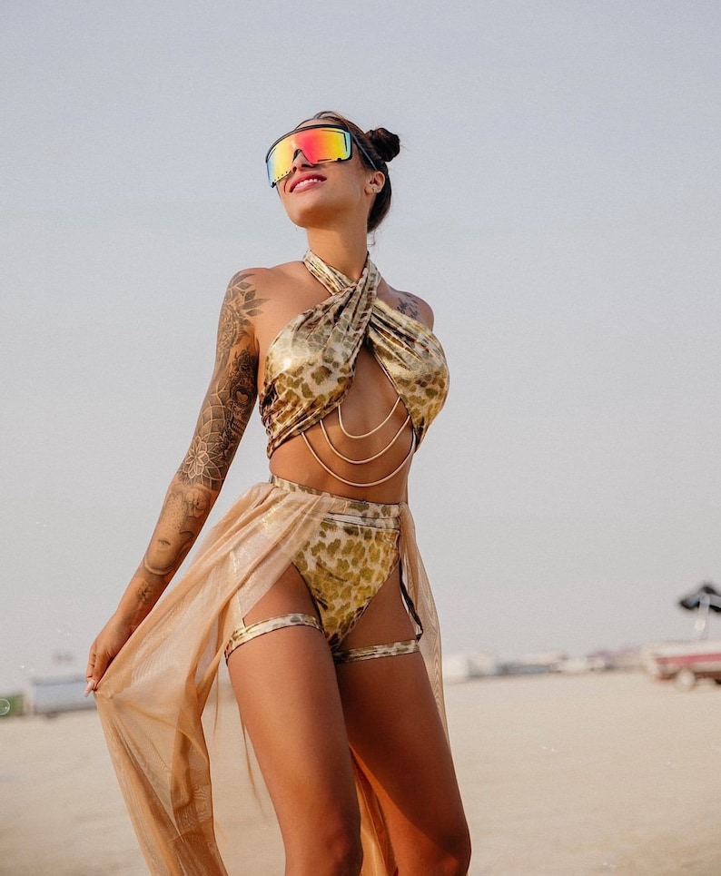 Gold Goddess Festival Outfit Boho Tribal Bikini Set Burning Man