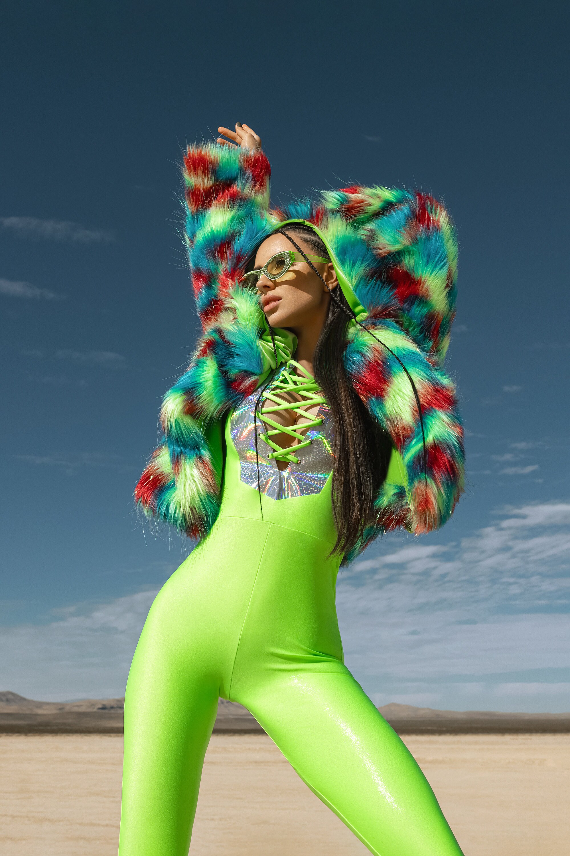 Multicolor Neon Faux Fur Hooded Festival Jacket Burning Man Outfit
