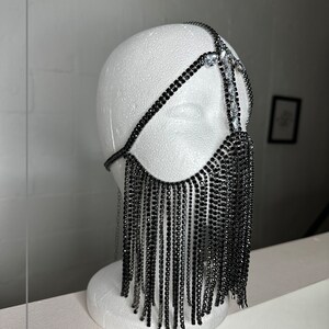 Black Rhinestone Fringe Face Mask Festival and Rave Headpiece With ...
