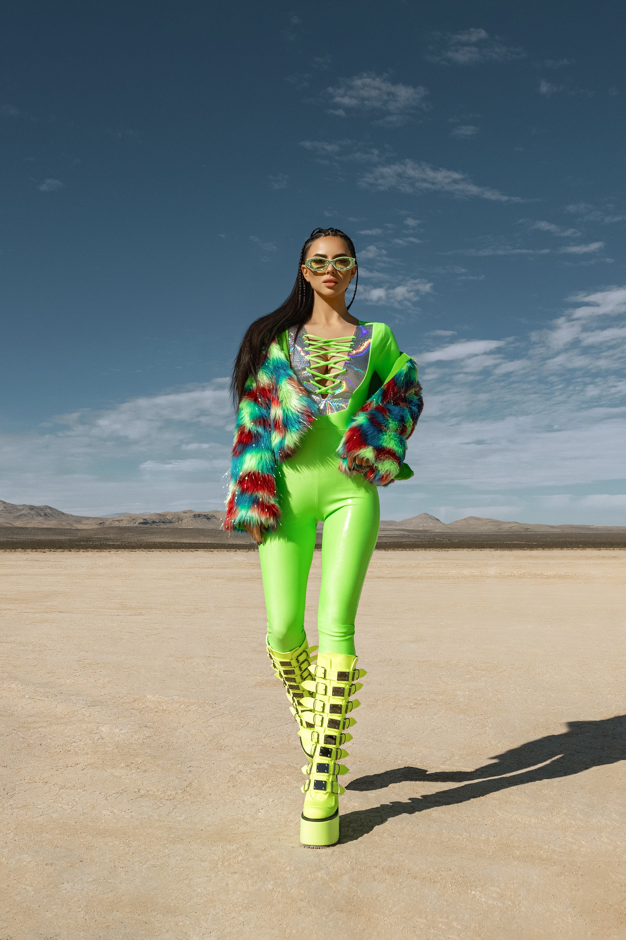 Multicolor Neon Faux Fur Hooded Festival Jacket Burning Man Outfit