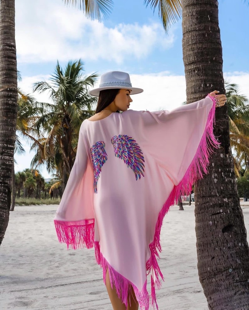 Pink Angel Wing Kimono With Fringe | Boho Beach Cover-up | Lightweight ...