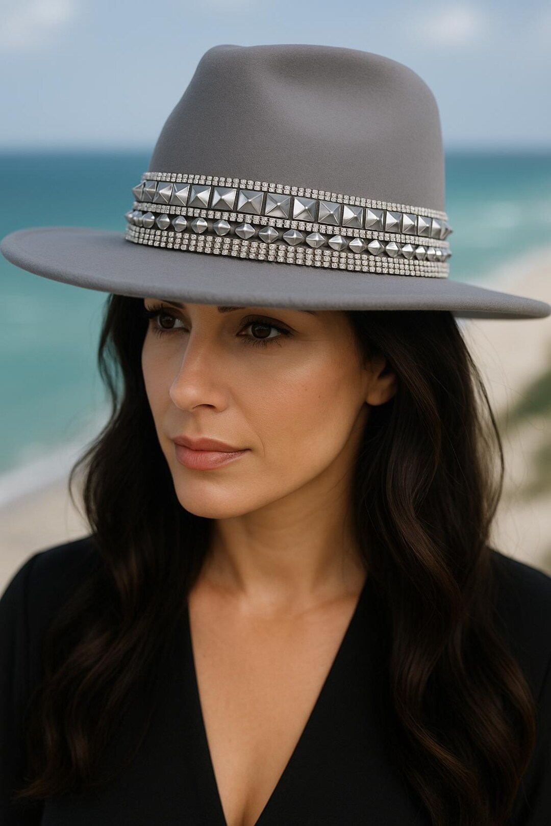 Gray Fedora Hat With Silver Spikes & Rhinestones | Wide Brim Felt ...