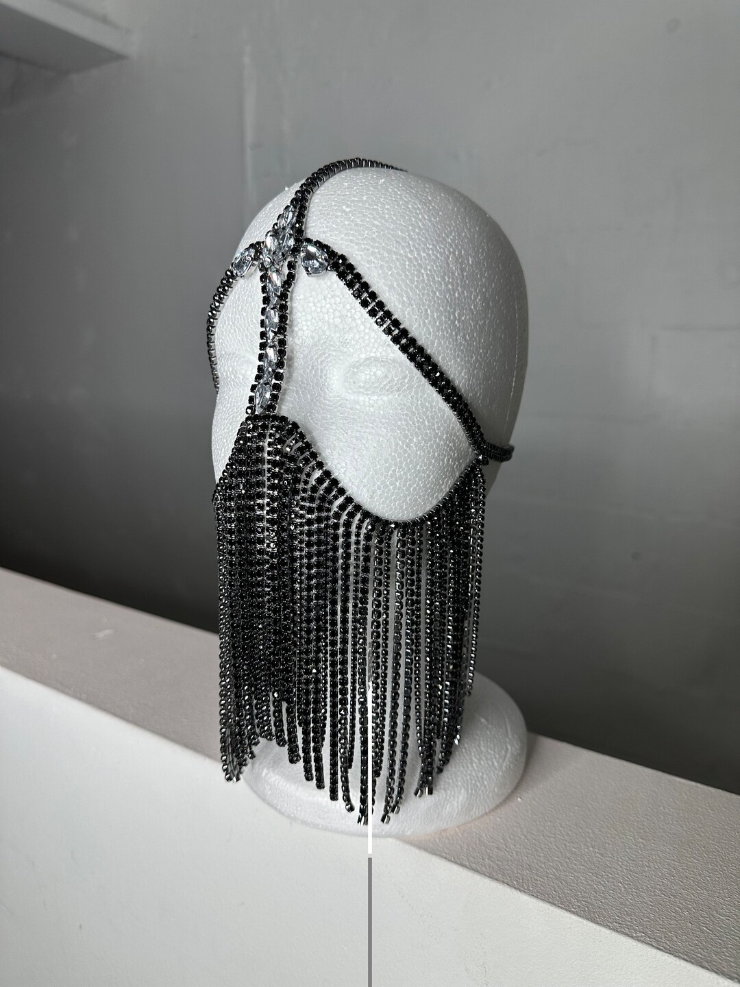 Black Rhinestone Fringe Face Mask – Festival and Rave Headpiece With ...